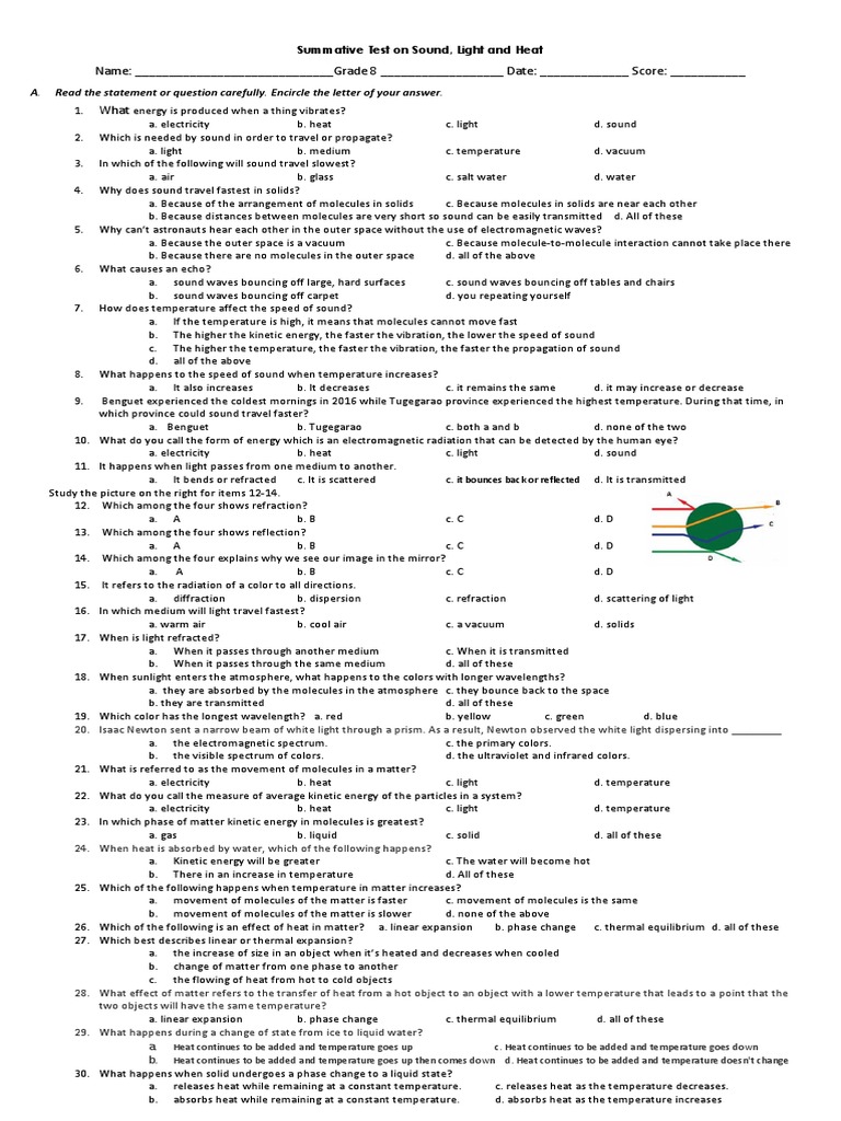 Grade 8 Test on Light, Sound, Heat | PDF | Light | Sound