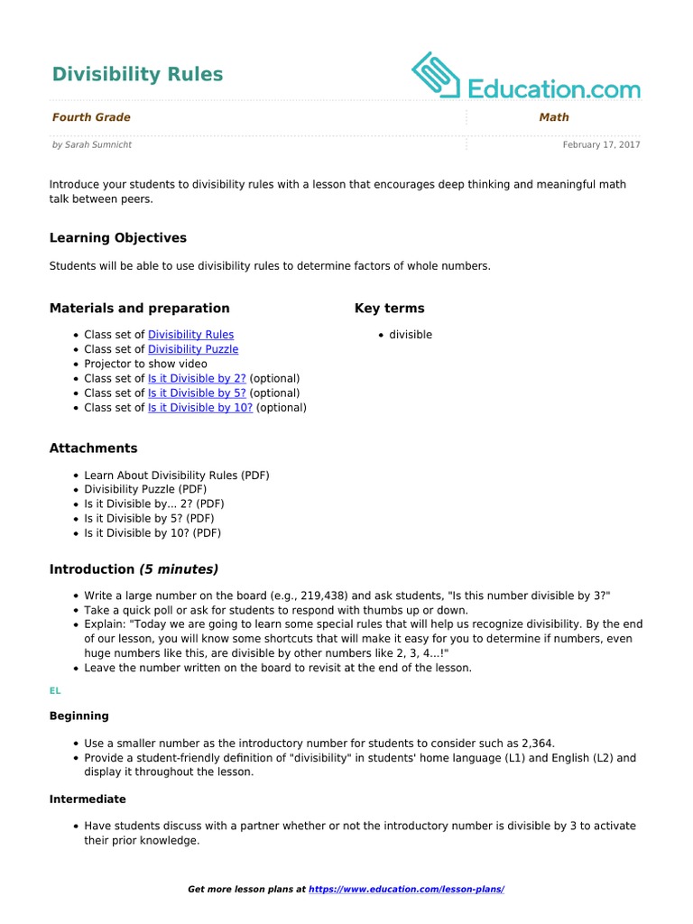 Divisibility Rules | PDF | Lesson Plan | Teaching