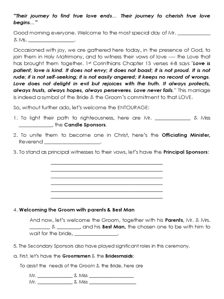 Wedding Ceremony MC Script Template | PDF | Bride | Bridesmaid