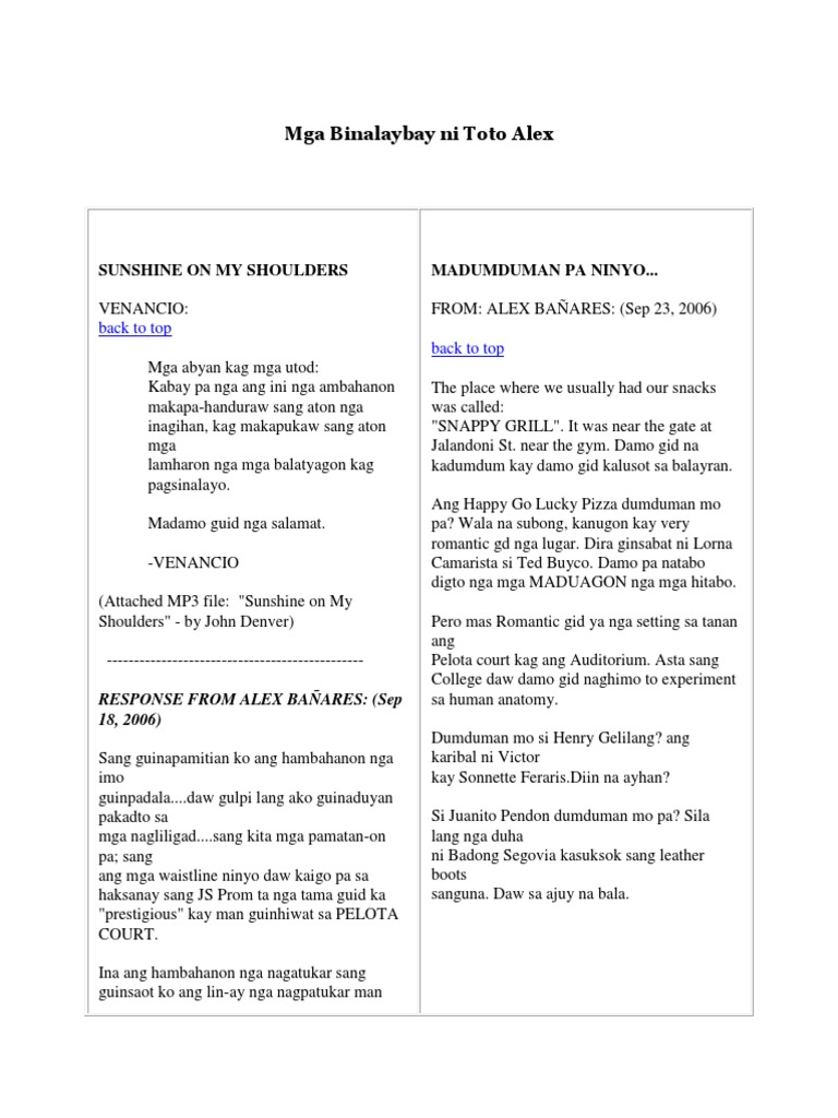 Mga Binalaybay Ni Toto Alex | PDF