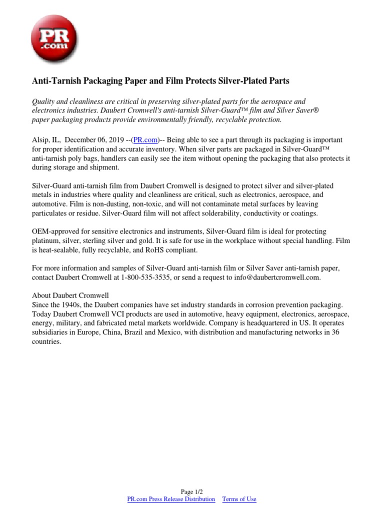 Anti-Tarnish Packaging Paper and Film Protects Silver-Plated Parts ...