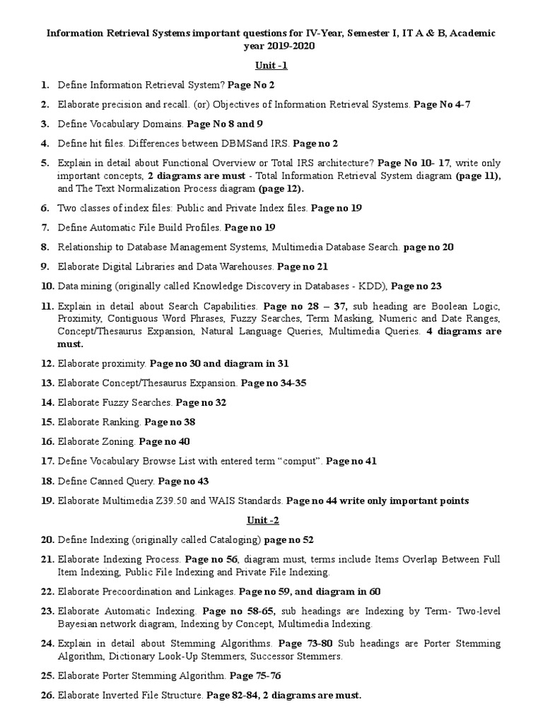 Information Retrieval Systems important questions for IV-Year exam ...