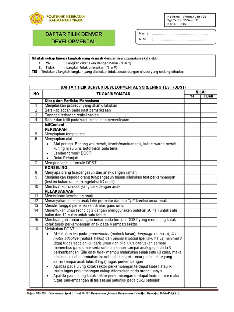 DAFTAR TILIK DENVER DEVELOPMENTAL SCREENING TEST (DDST) - Revisi | PDF
