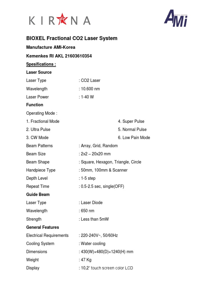 Specifications AMI BIOXEL Fractional CO2 Laser System | PDF