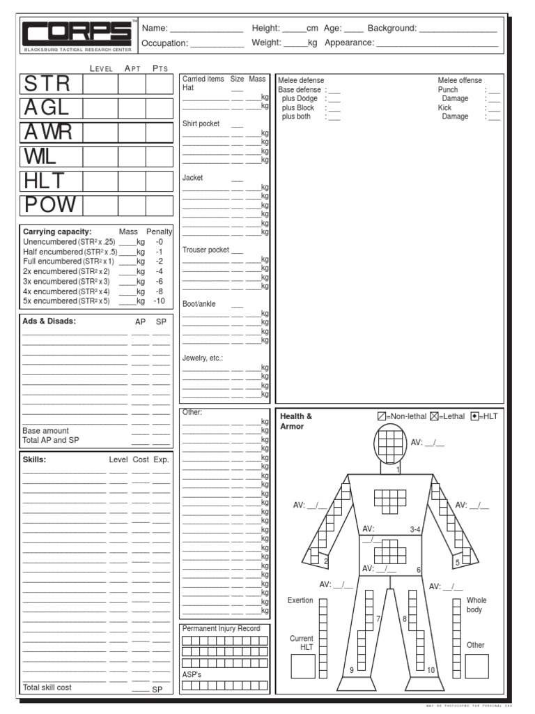 CORPS - Character Sheet | PDF