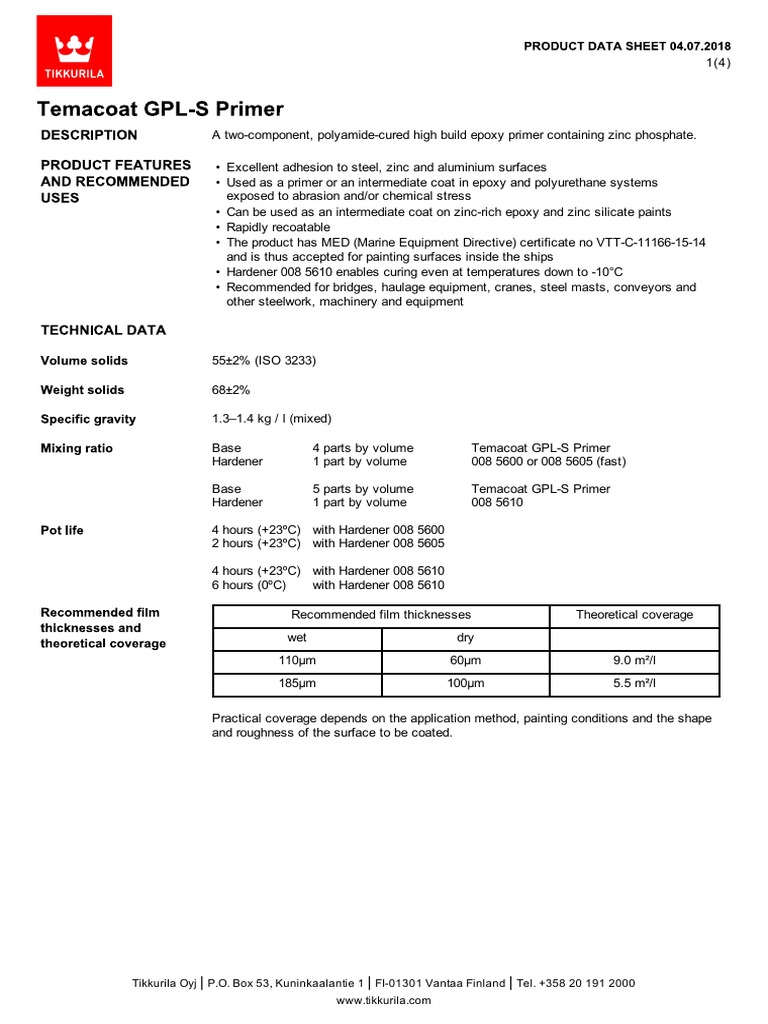 Temacoat GPL-S Primer SV PDS Tikkurila | PDF | Paint | Volatile Organic ...