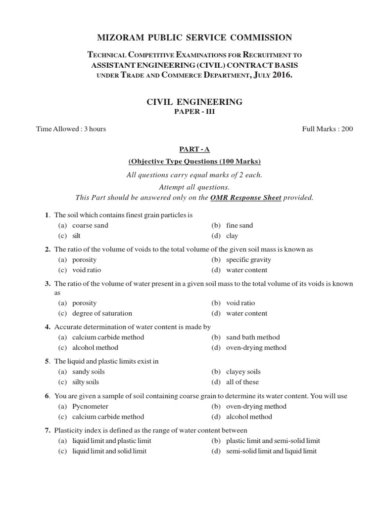 Ae Civil Under Trade Commerce 2016 Engineering Paper III | PDF | Civil ...