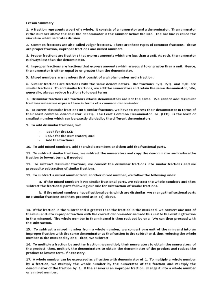 Lesson Summary Fractions | PDF | Fraction (Mathematics) | Subtraction