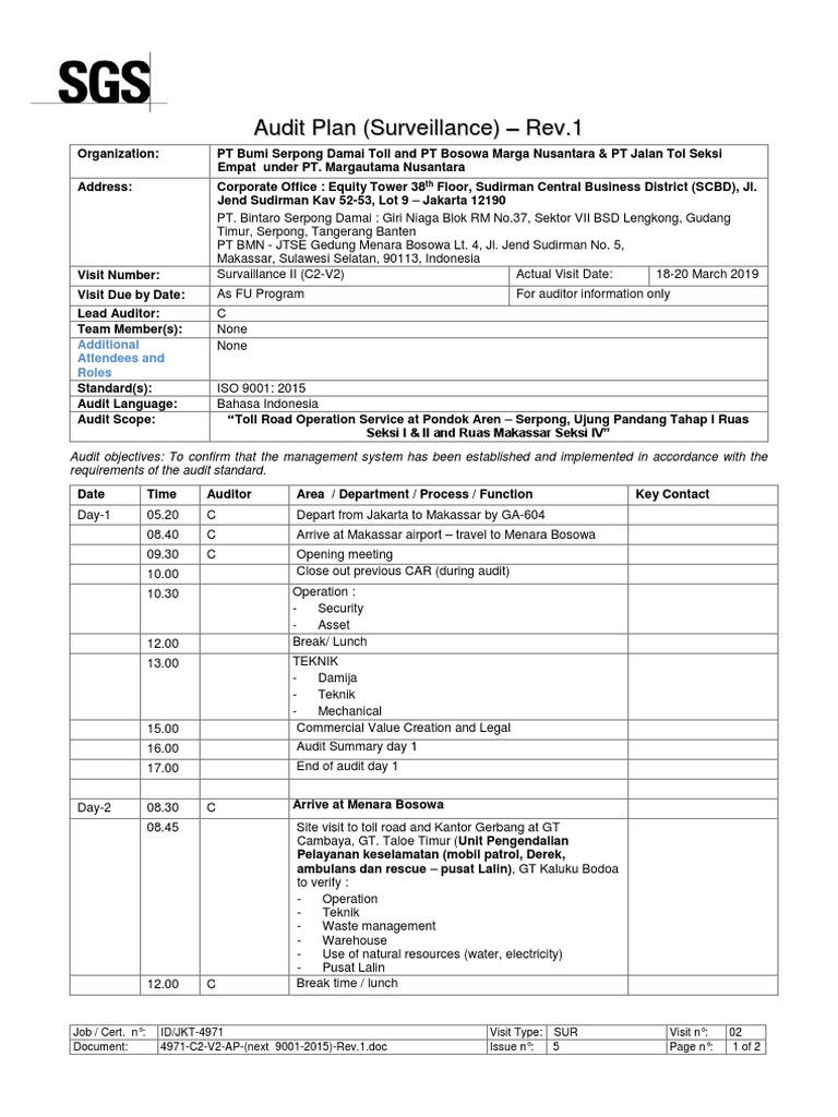 Audit Plan Sgs Iso 9001 | PDF | Business Process Management | Business