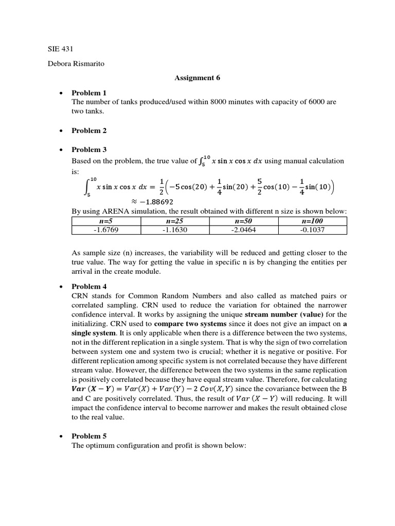 SIE 431 Assignment 6 - Arena Simulation Problems | PDF | Correlation ...