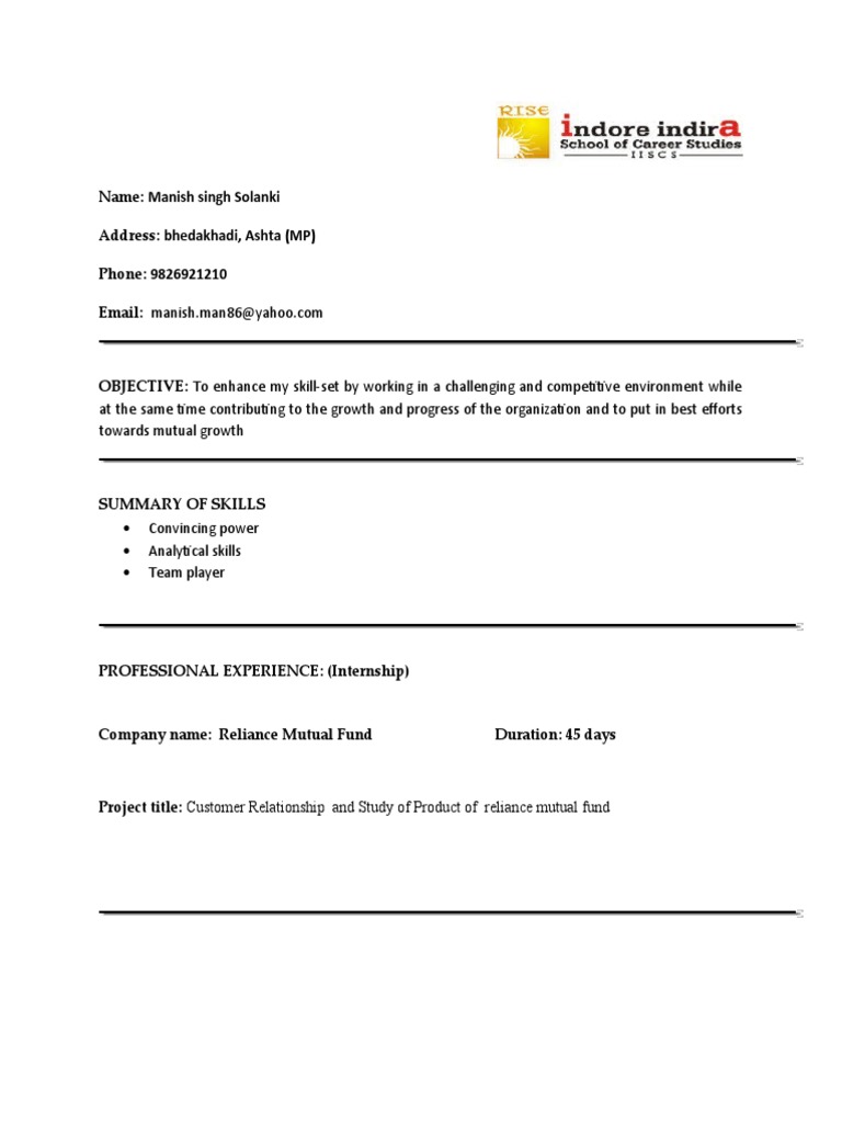 Resume Format For Indira Students | PDF
