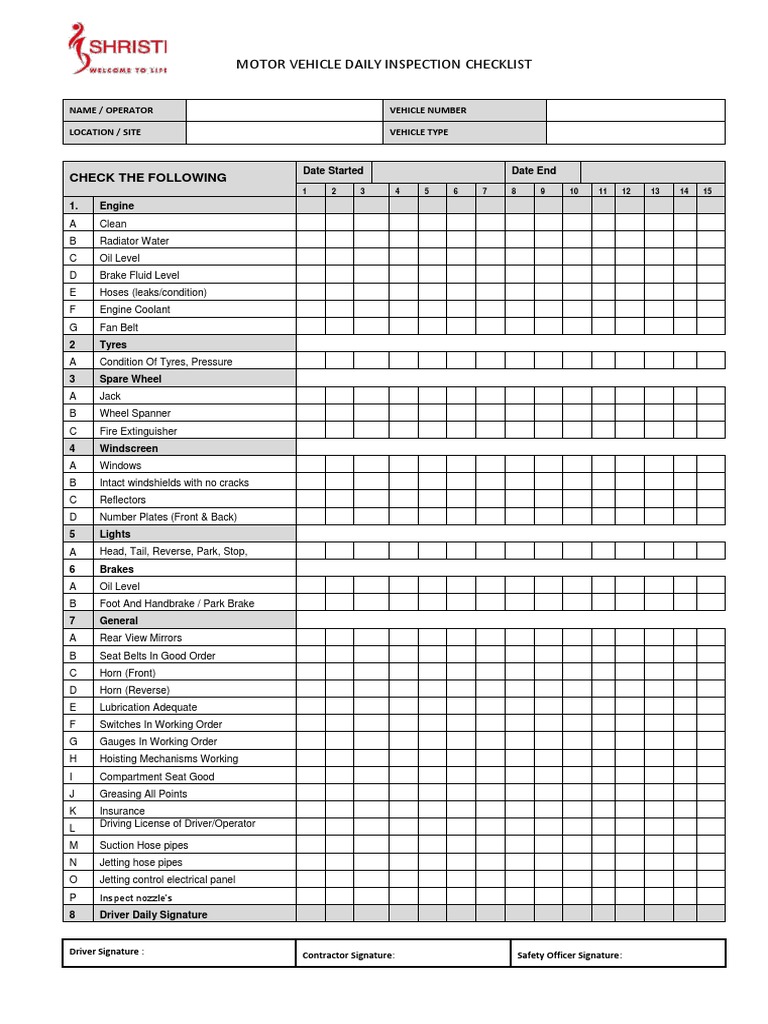 Motor Vehicle Daily Checklist | PDF