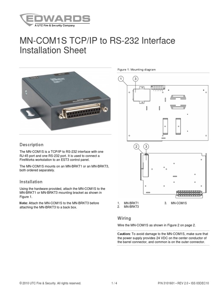 3101601 R2.0 MN-COM1S TCPIP to RS232 Interface Installation Sheet ...