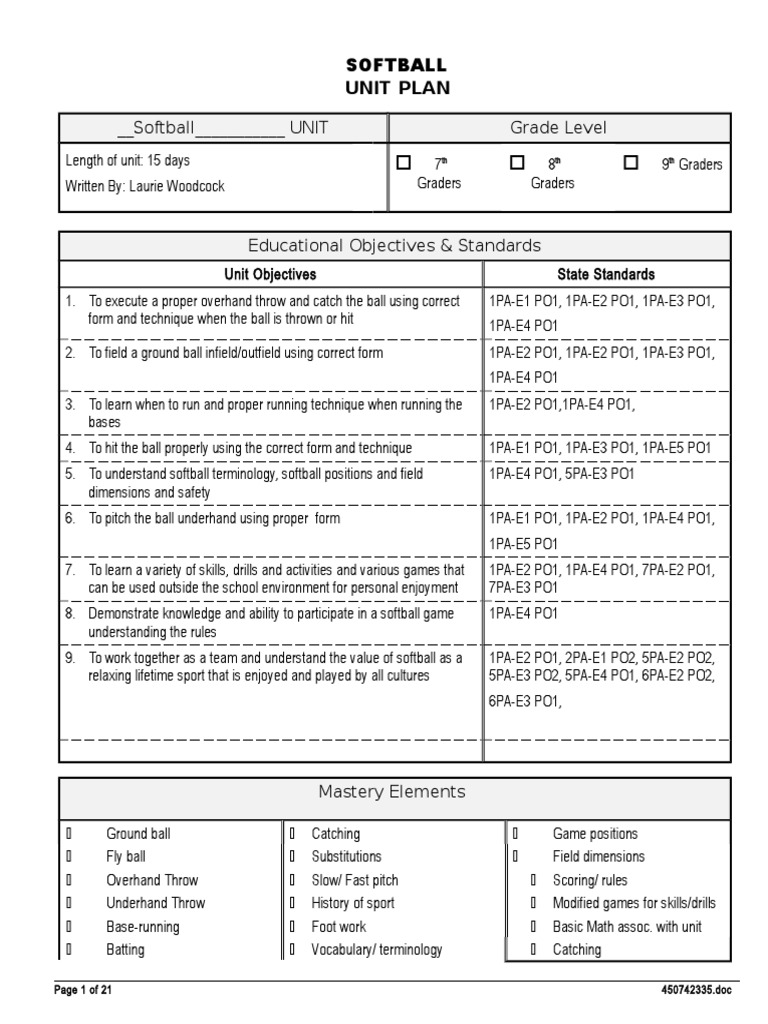 Softball Full Unit 15 Days Pdf Softball Batting Baseball