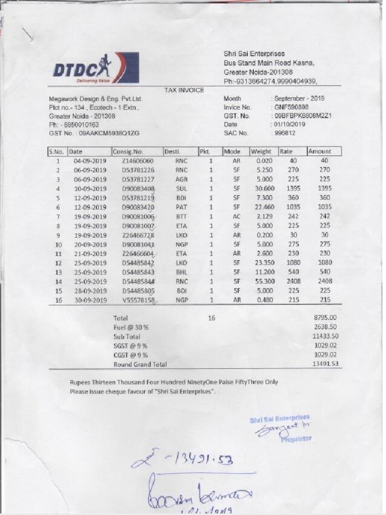 DTDC September Month Invoice | PDF