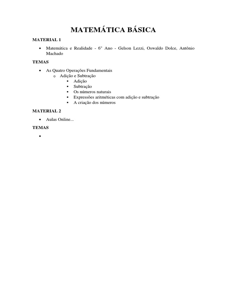 Matemática Básica: Operações Fundamentais | PDF | Métodos e Materiais ...
