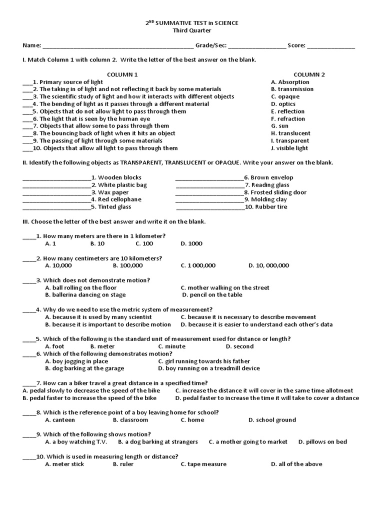 2nd Summative Test in Science | PDF | Light | Electromagnetic Radiation