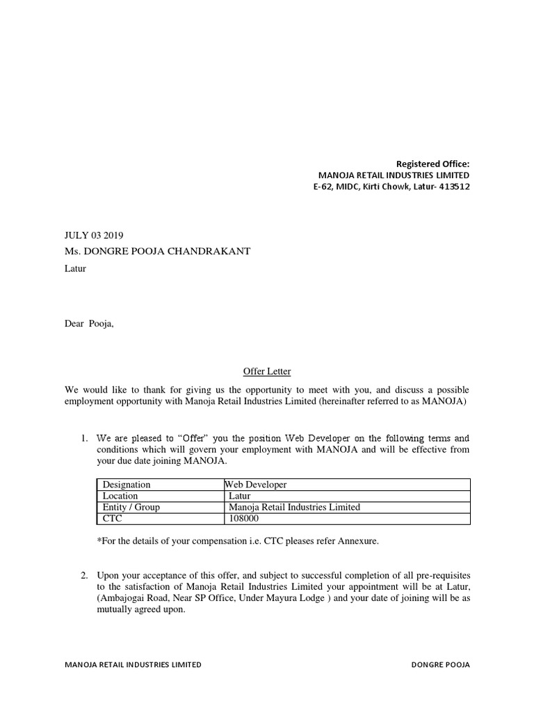 Pooja Offer Letter | PDF | Employee Benefits | Employment