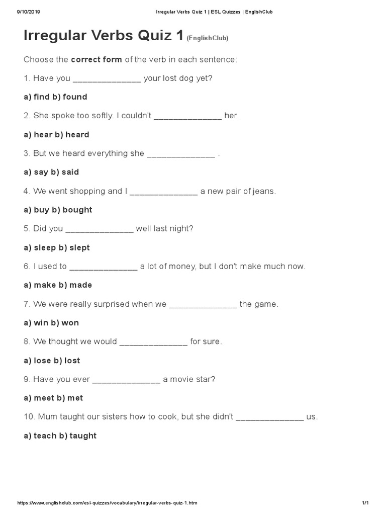 Irregular Verbs Quiz 1 TENSES | PDF