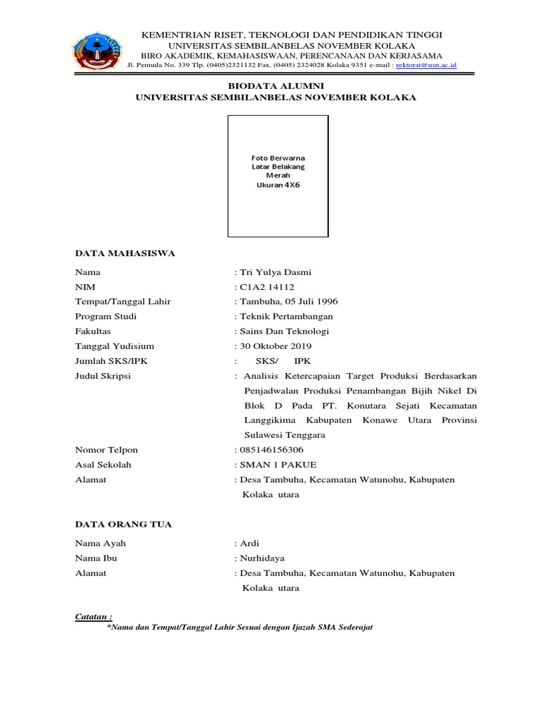 Biodata Alumni & Bukti Penyerahan Skripsi | PDF
