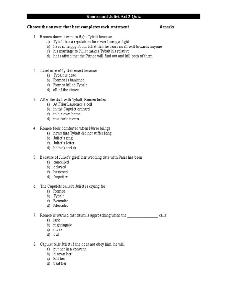 Romeo and Juliet Act 3 Quiz | PDF