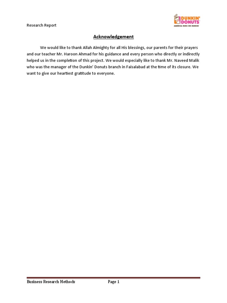 Acknowledgement: Business Research Methods | PDF | Foods | Doughnut