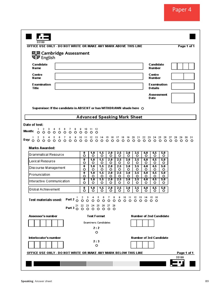 Advanced Speaking Mark Sheet | PDF | Cognitive Science | Cognition