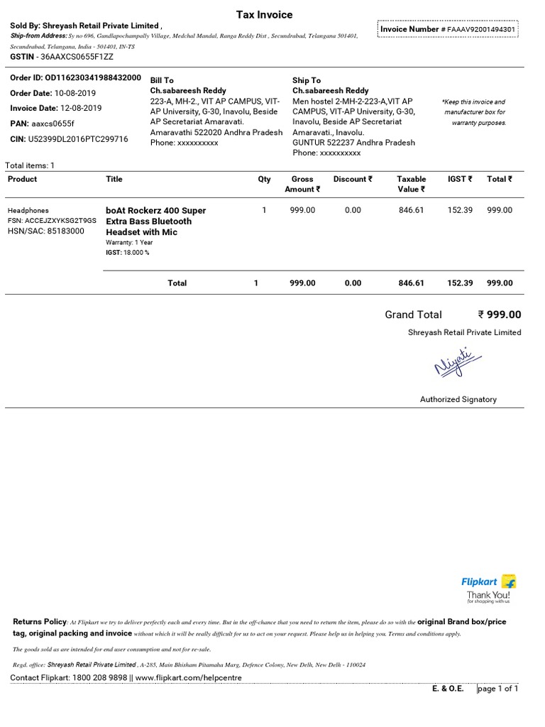 Tax Invoice for boAt Rockerz 400 Super Extra Bass Bluetooth Headset ...