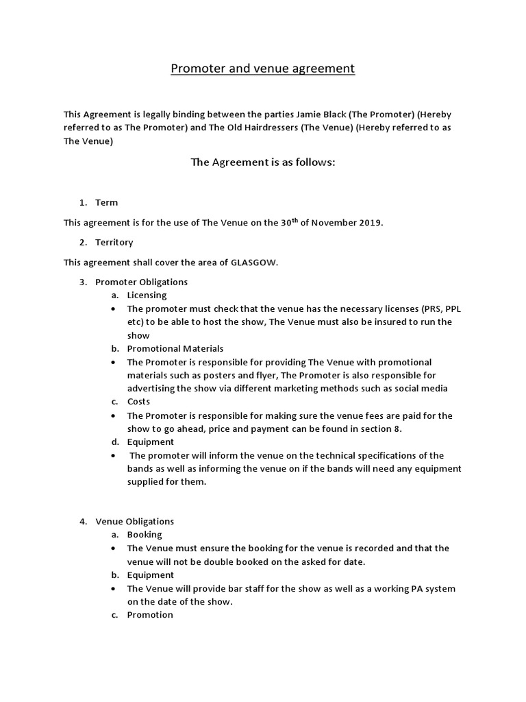 Venue-Promoter Agreement Template | PDF | Business Law | Business