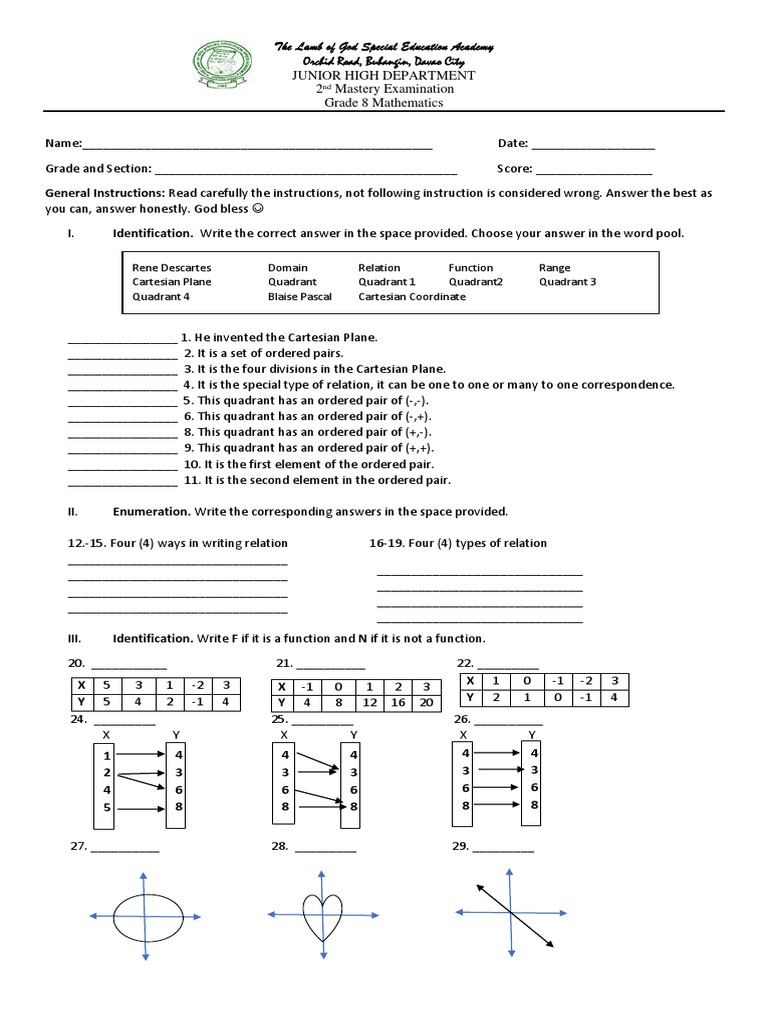 Grade 8 Math: Ordered Pairs Exam | PDF | Cartesian Coordinate System ...