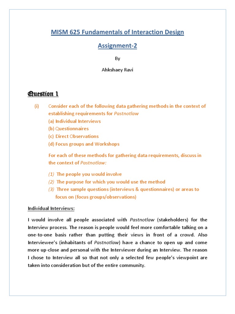 MISM 625 Fundamentals of Interaction Design Assignment-2 | PDF | Focus Group | Survey Methodology