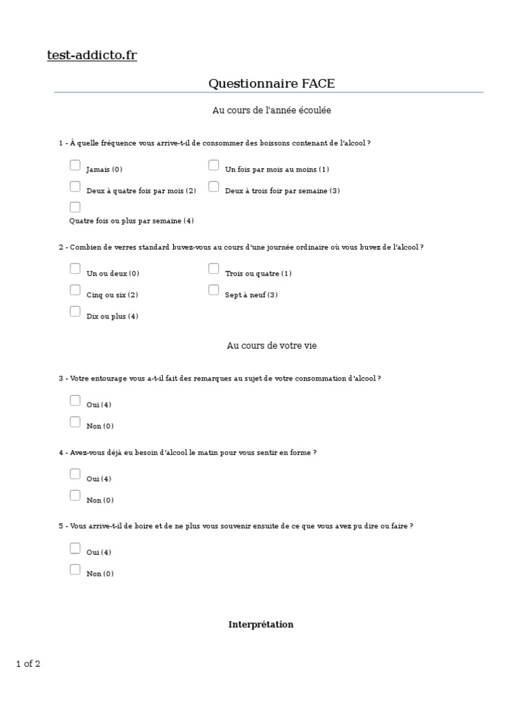 Questionnaire sur la consommation d'alcool | PDF | Développement ...