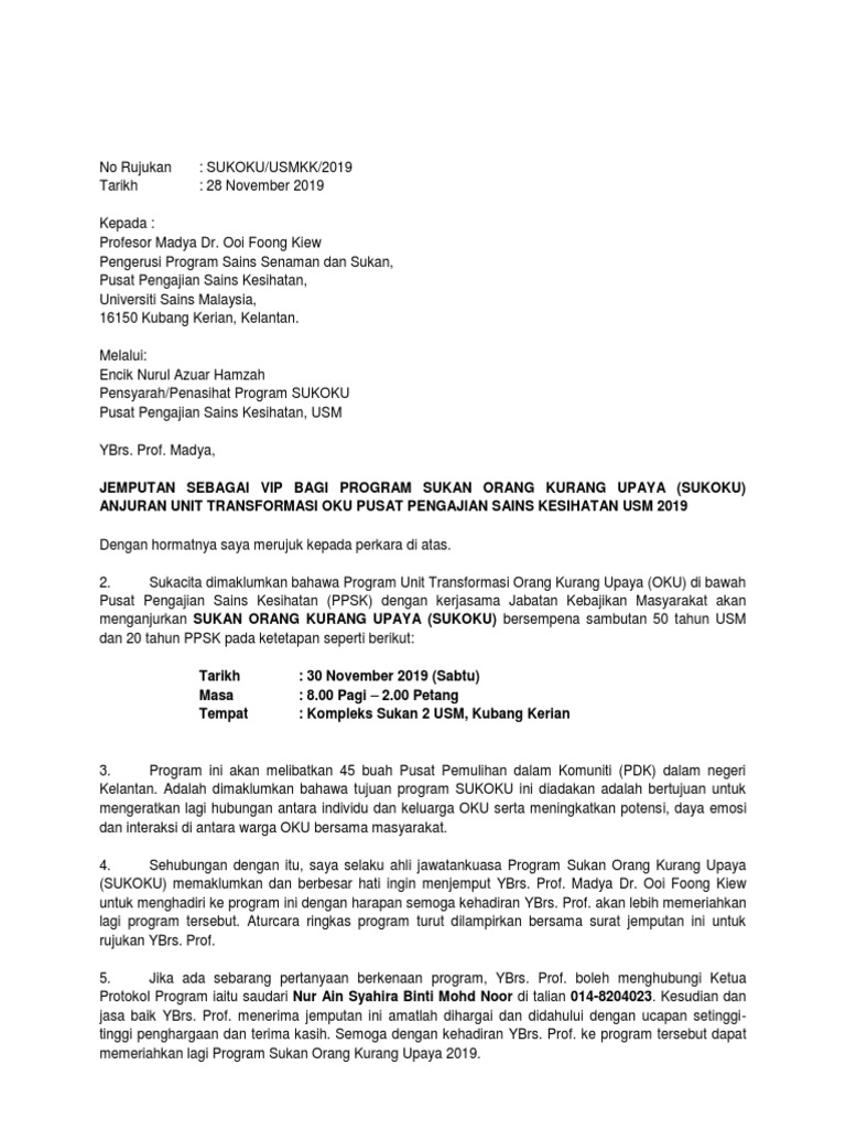 Surat Jemputan Kepada Pengerusi Program | PDF