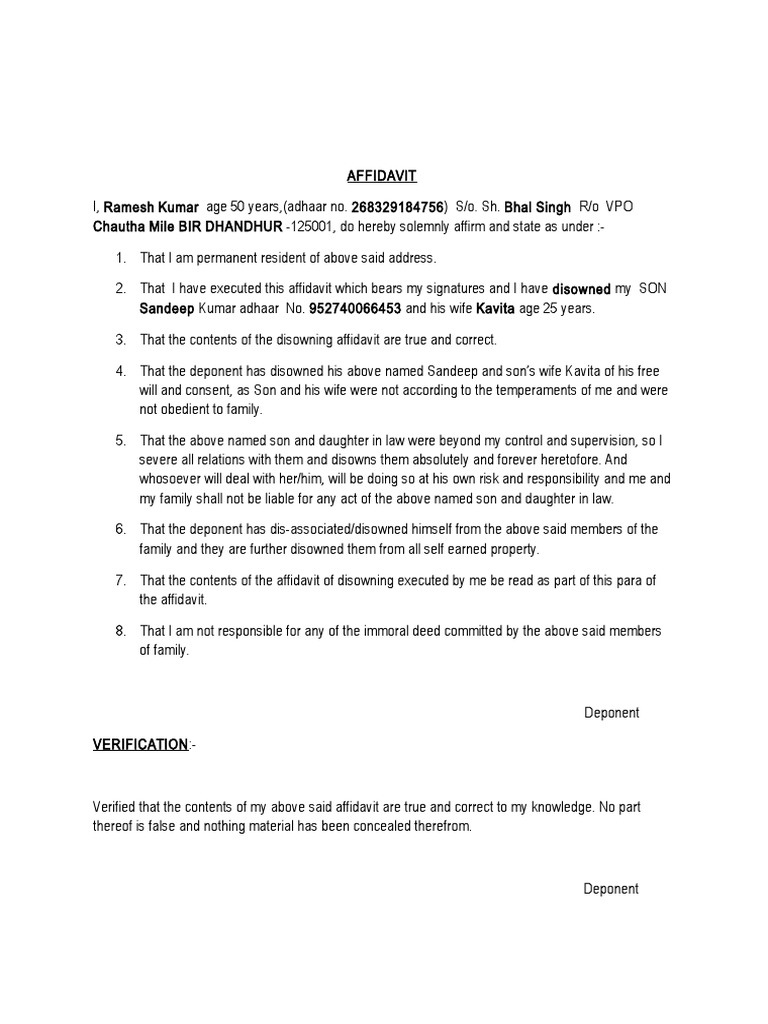 Disownment Affidavit for Son and Wife | PDF