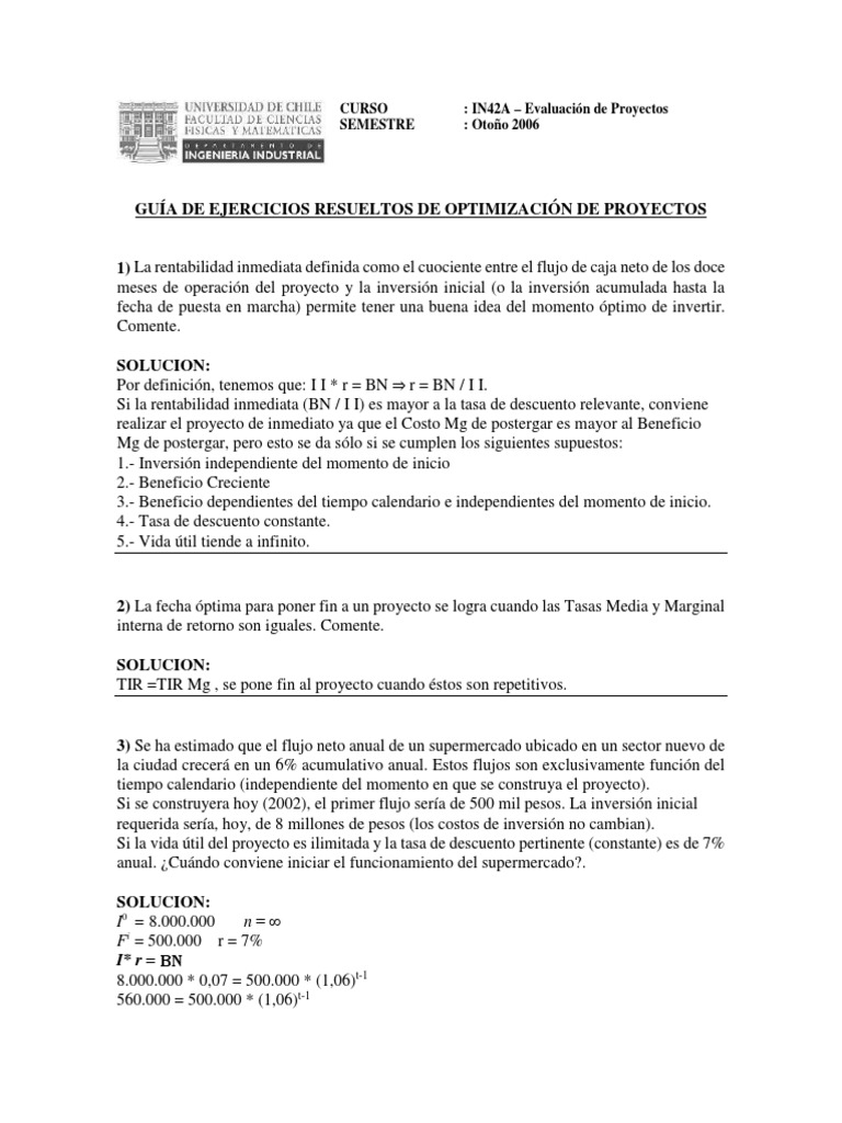 Guia Ejercicios Resueltos Optimizacion de Proyectos | PDF | Dinero | Inversiones