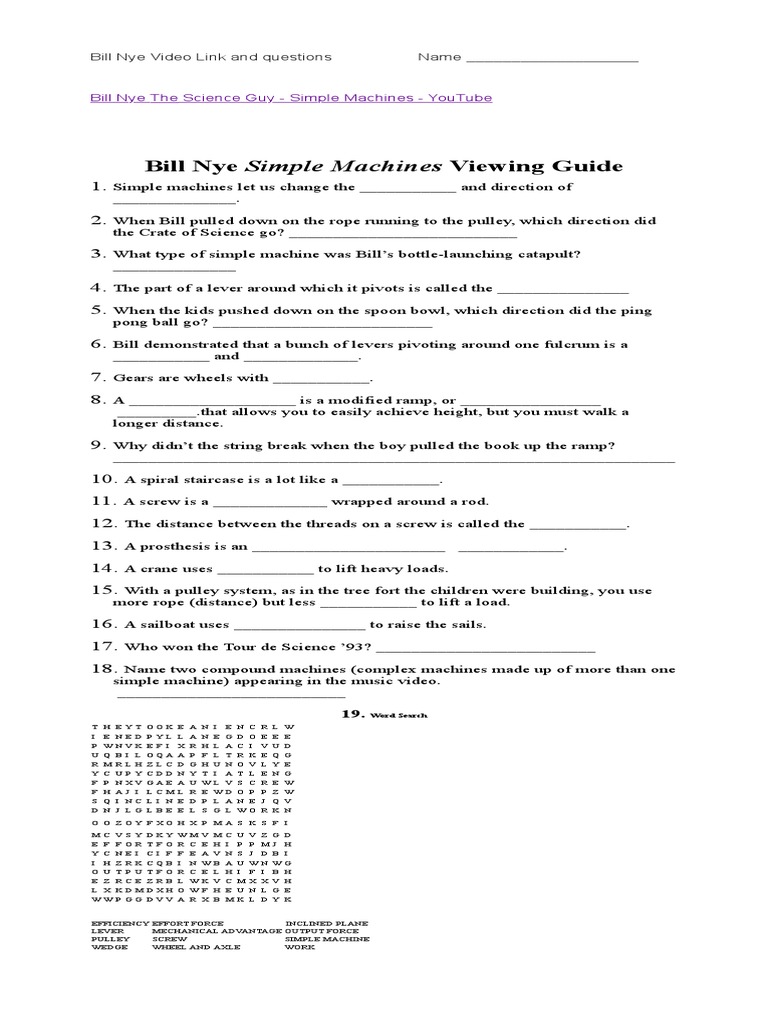 Bill Nye Simple Machines Video Worksheet | PDF | Machines | Lever