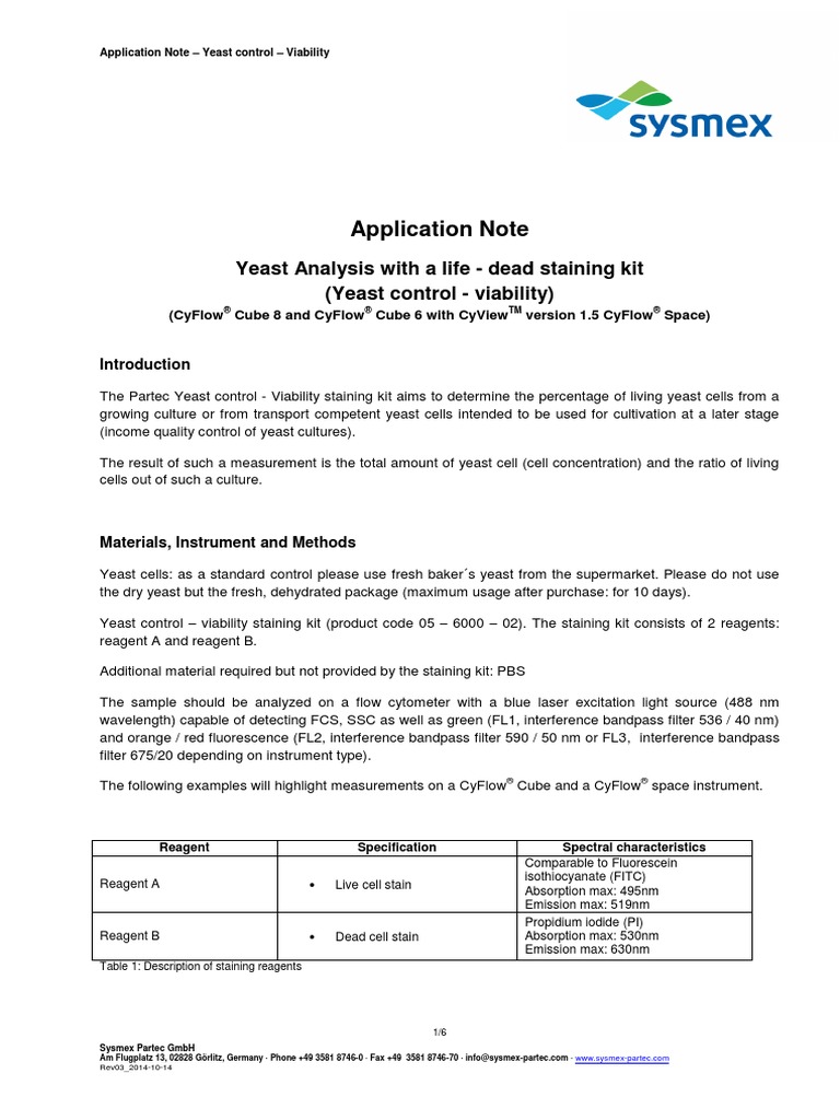 Sysmex Application Note Yeast Control Viability | PDF | Chemistry ...