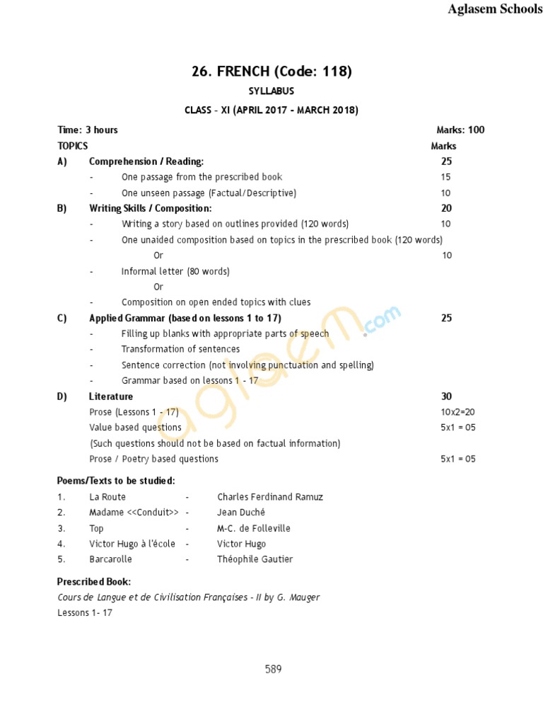 CBSE French Syllabus | Download Free PDF | Question | Reading Comprehension