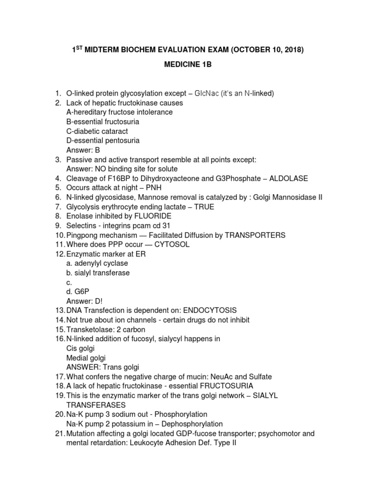 1st Midterm Biochem Evaluation Exam 2 | PDF | Glucose | Glycolysis