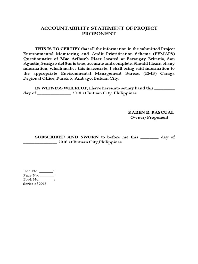 Accountability Statement of Project Proponent | PDF