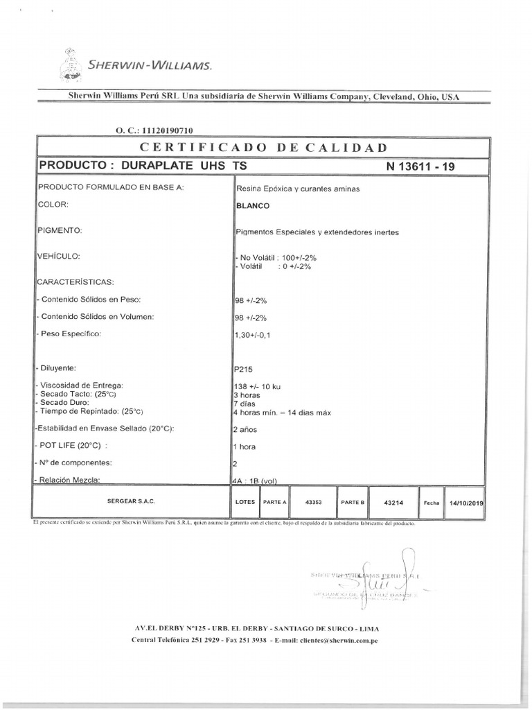 Certificado de Calidad Sherwin Williams Segun RQ 11120190668 PDF | PDF