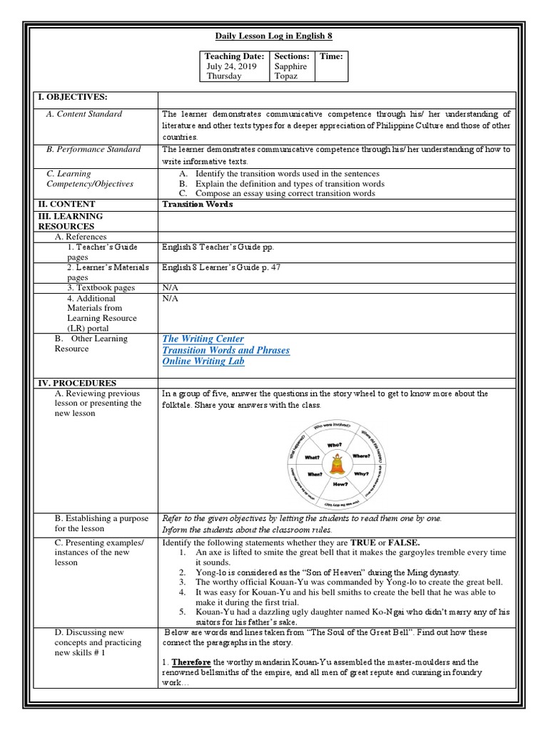 Transition Words - Lesson Plan For English 8 | PDF | Teachers | English ...