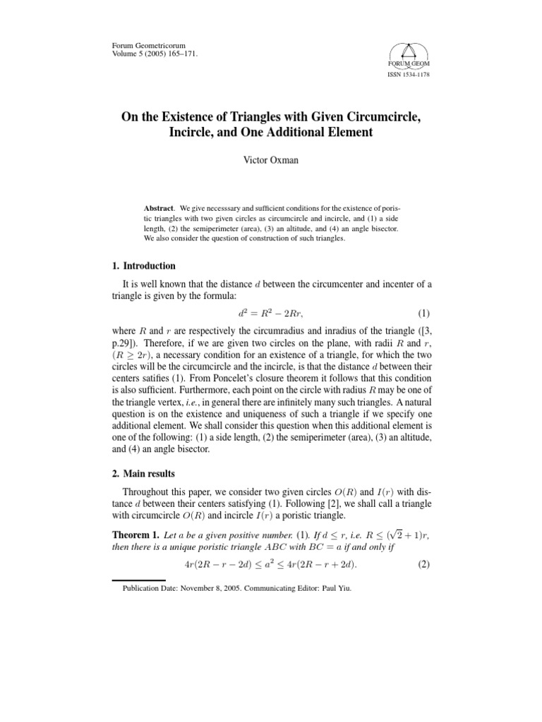 On The Existence of Triangles With Given Circumcircle - Victor Oxman ...