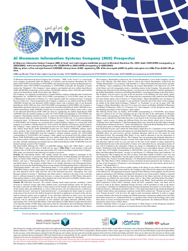 MIS Prospectus en PDF | PDF | Stocks | Financial Statement