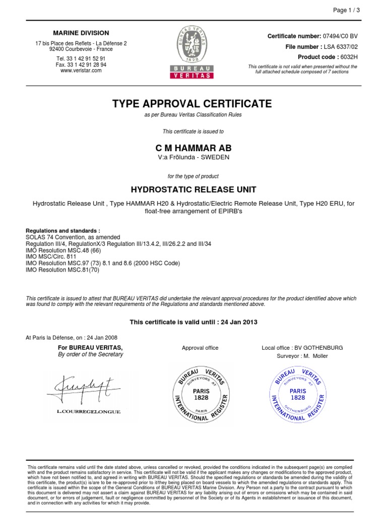 Hammar H20 EPIRB Release Unit Certificate | PDF | Steel | Nature