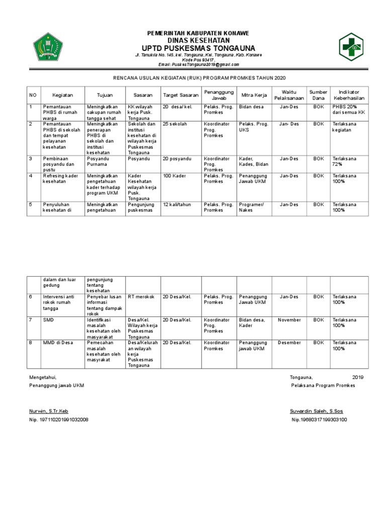 Rencana Kegiatan Program Kesehatan 2020 | PDF