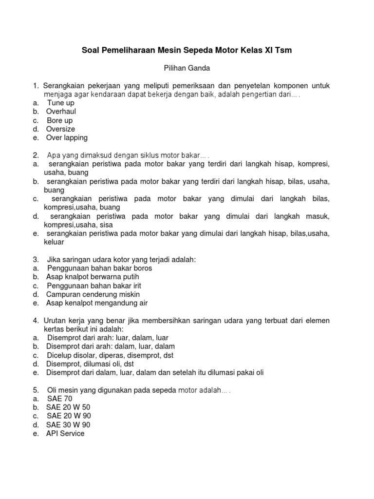Soal Pemeliharaan Mesin Sepeda Motor Kelas XI TSM | PDF