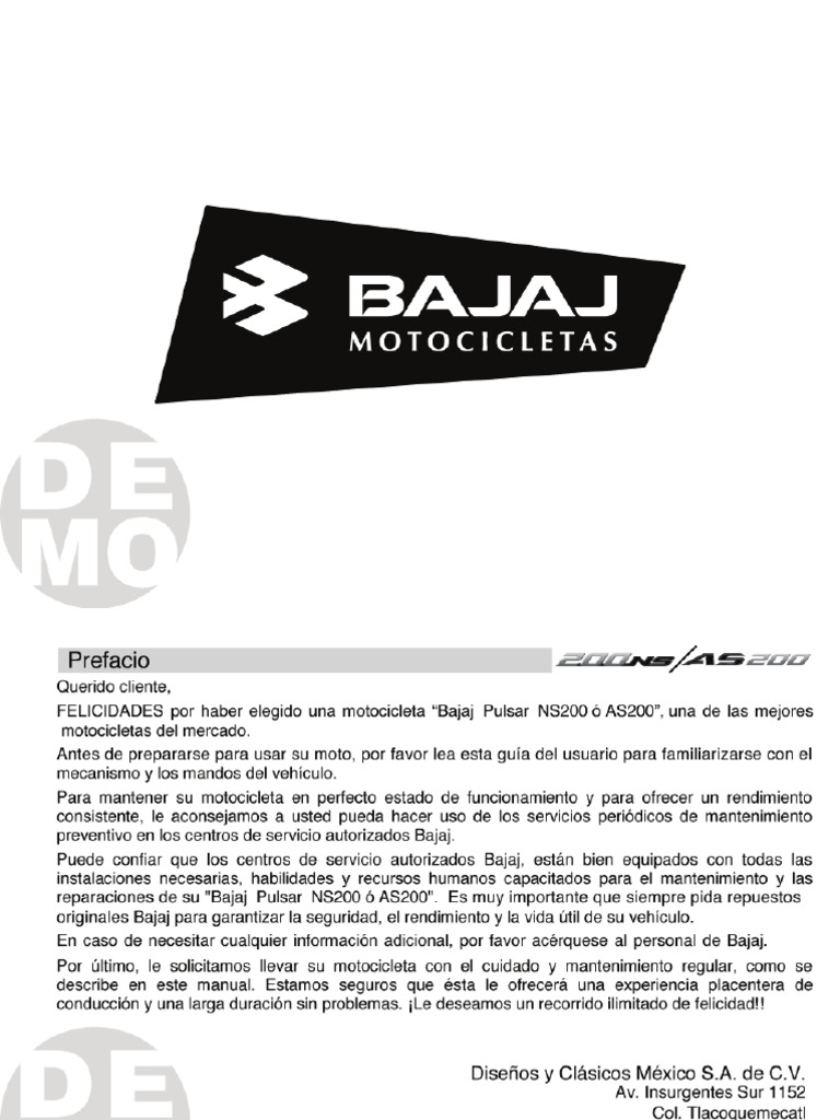 Manual Bajaj Pulsar ns200 y As200 PNG PDF | PDF