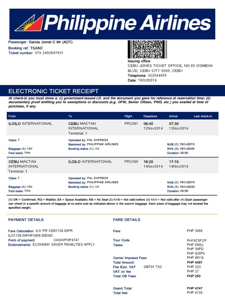 Electronic Ticket Receipt 12NOV For JOMEL C GARCIA | PDF | Airlines ...