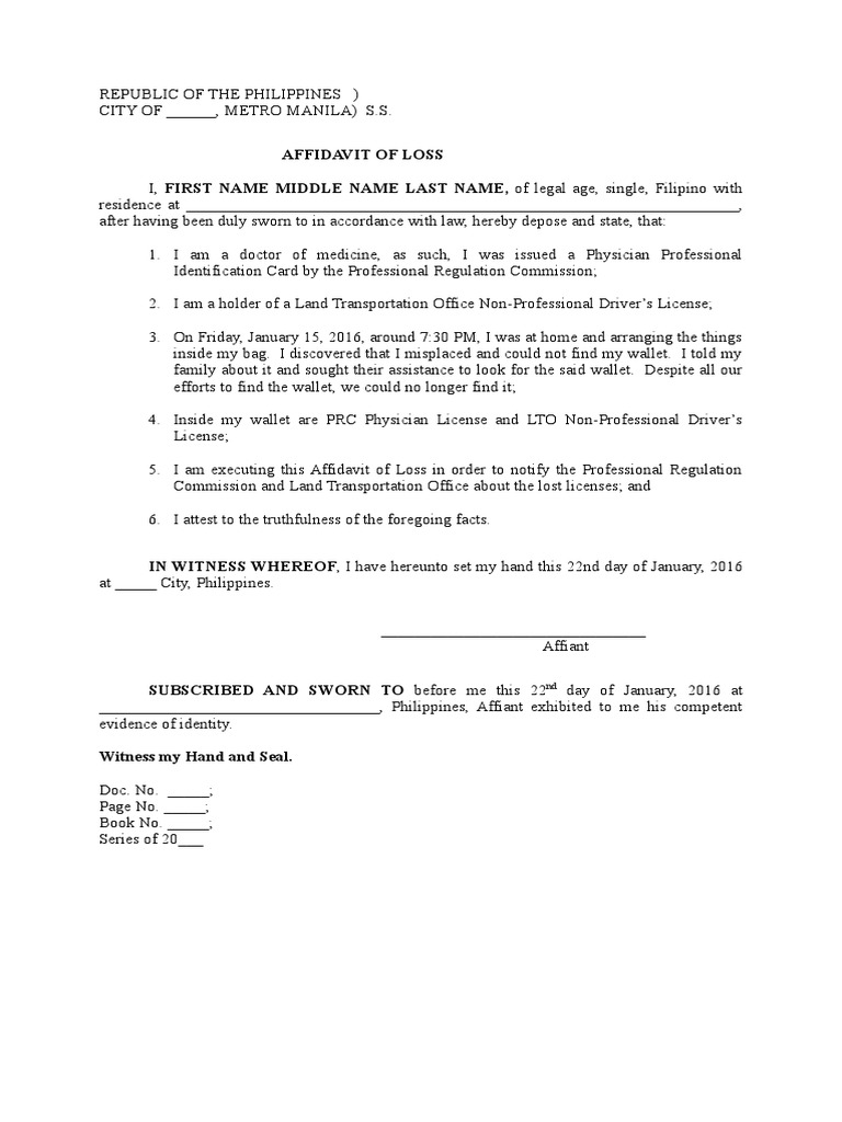 2016JAN22 Affidavit of Lost PRC Physician & LTO Non-Professional Driver ...